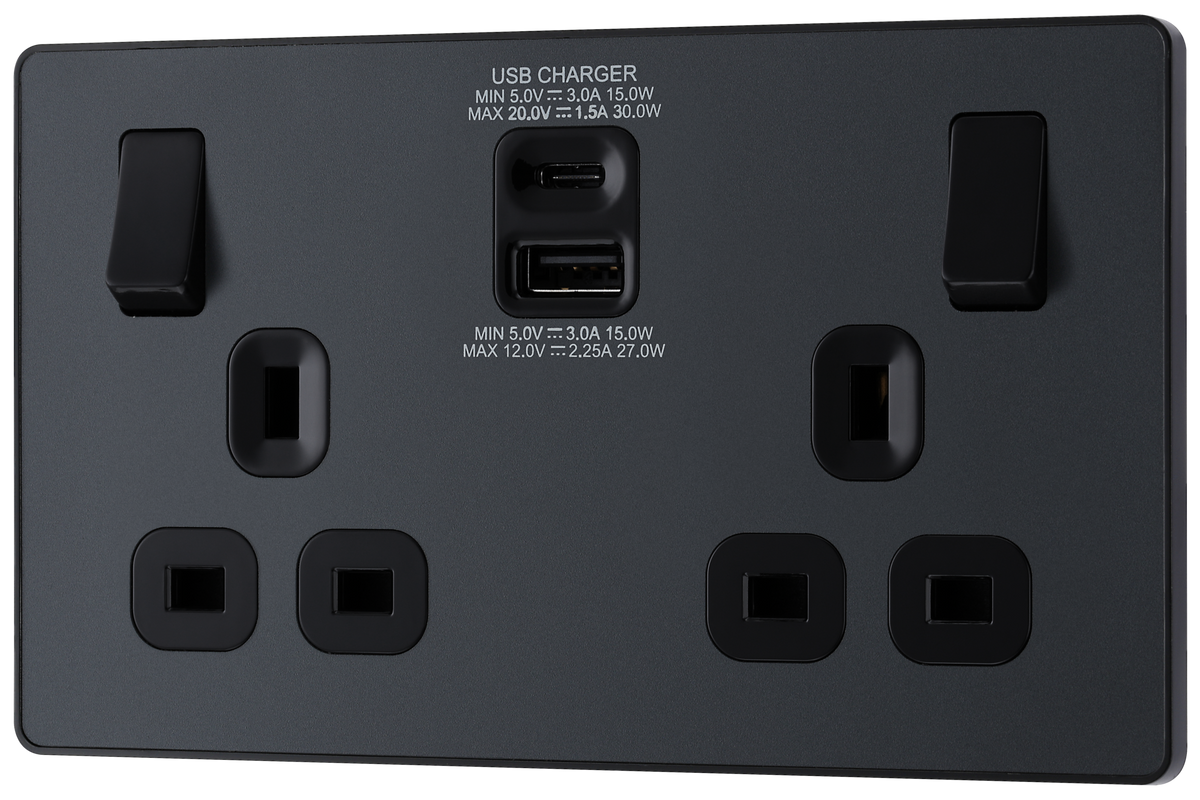 BG Evolve Matt Grey Double Switched 13A Power Socket + USB C 30W + USB ...