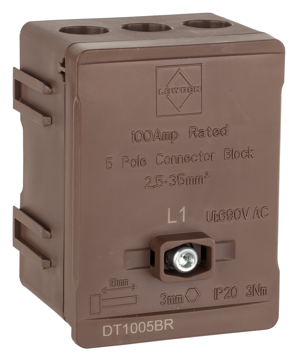 Lewden 100A 5-Way Single Pole Distribution Terminal Block, Brown - DT1 ...