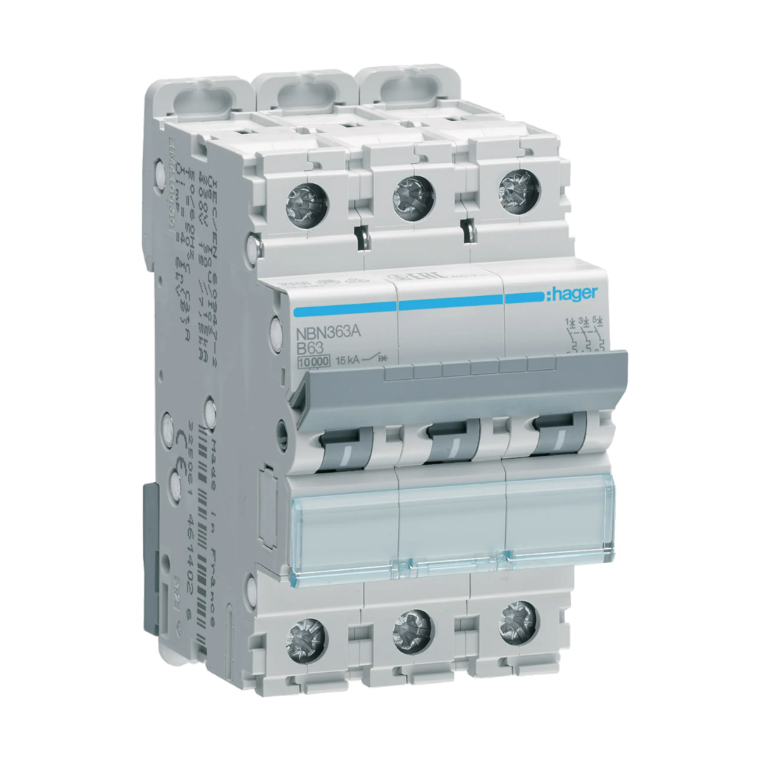Hager 63A 3P TPN MCB 10kA, Type B - NBN363A – BigOnElectricals.co.uk