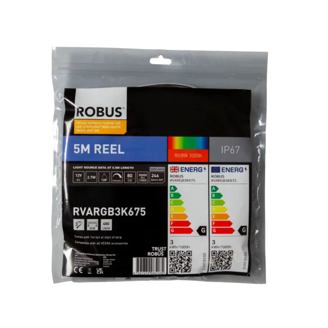 Robus Vegas 14W/m 5m LED Striplight IP67, RGB / 3000K - RVARGB3K675 ...
