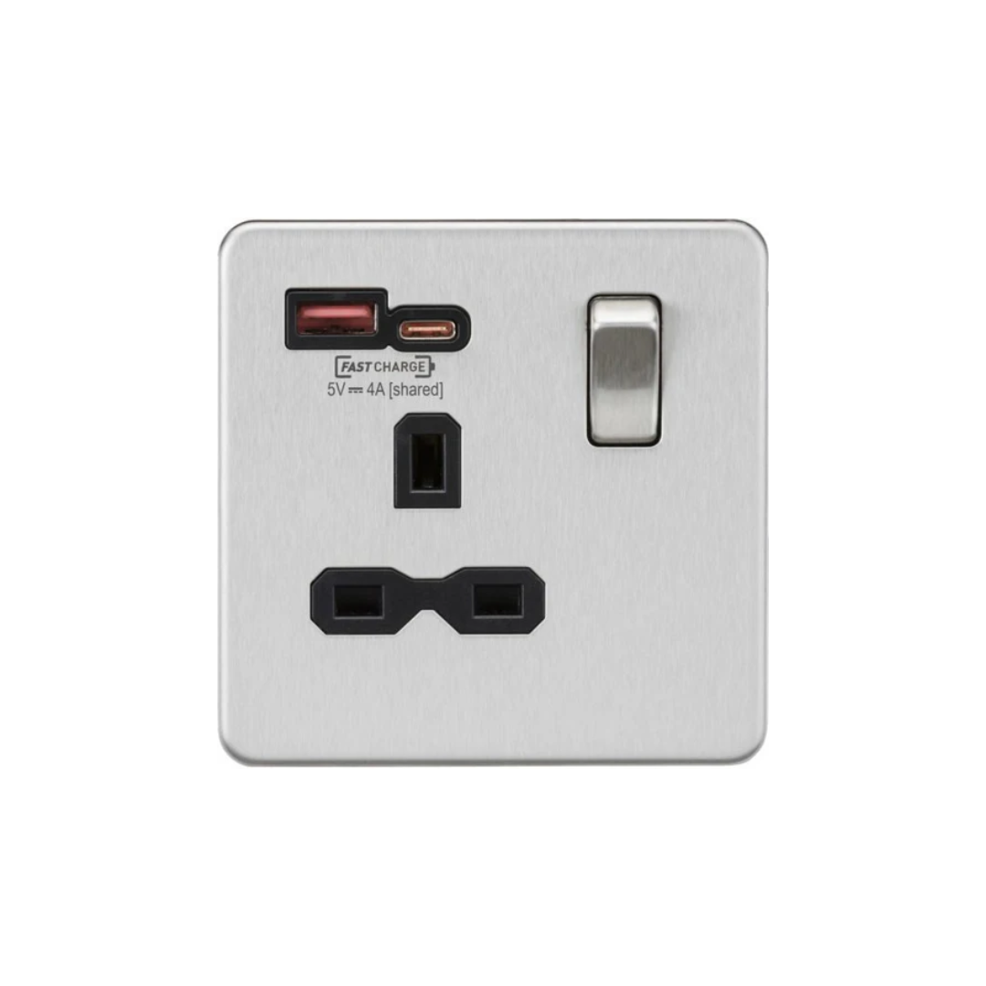 MLA Knightsbridge 13A 1G Switched Socket With Dual USB A+C Brushed Chr ...