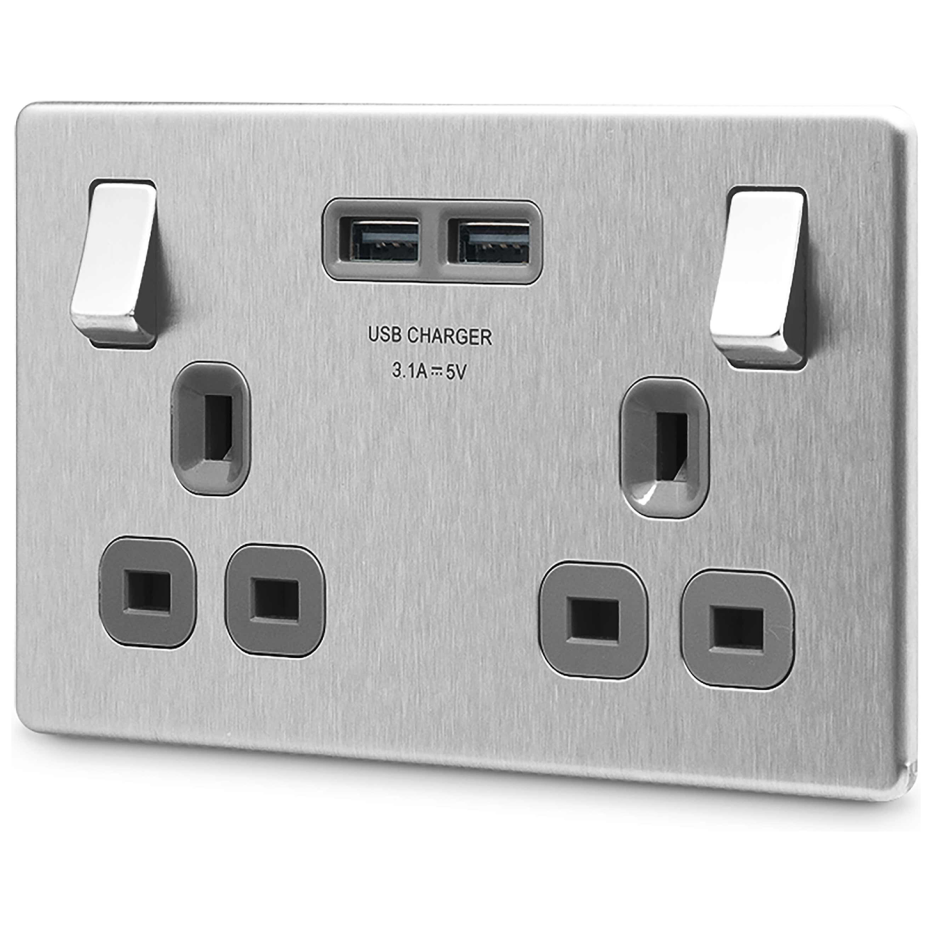 BG Screwless Flatplate Brushed Steel Double Switched 13A Power Socket ...
