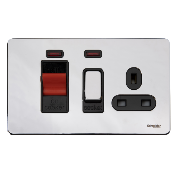 Schneider USFP 45A Cooker Switch with 13A Socket & Neon Black Insert ...