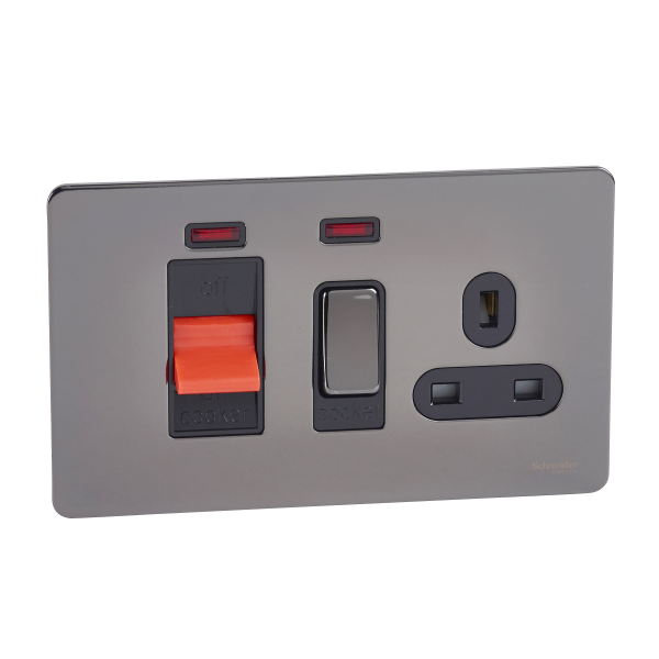 Schneider USFP 45A Cooker Switch with 13A Socket & Neon Black Insert ...