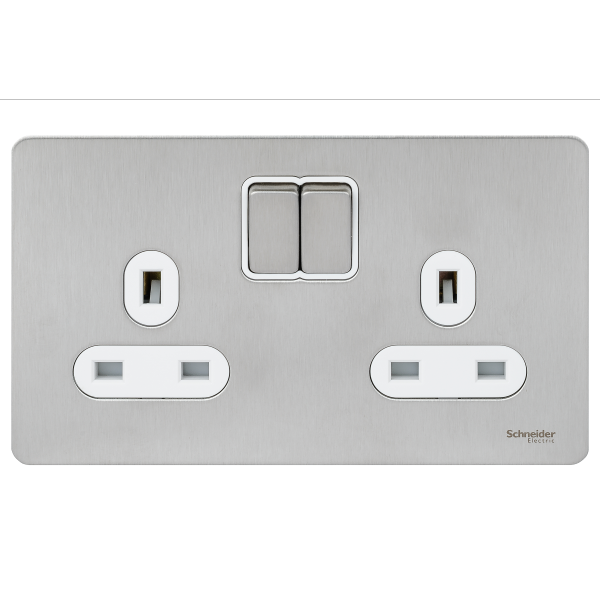 Schneider USFP 13A Double Pole 2G Switched Socket White Insert Stainle ...