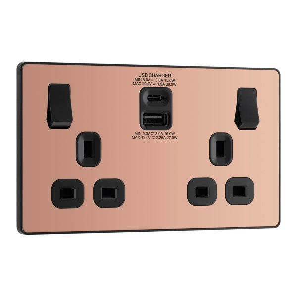 BG Evolve Polished Copper Double Switched 13A Power Socket + USB C 30W ...